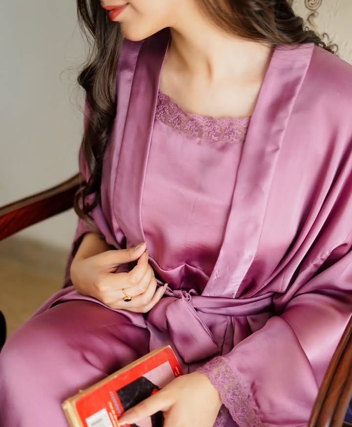 Light plum 2 piece long silk gown set – Mydealsbazaar